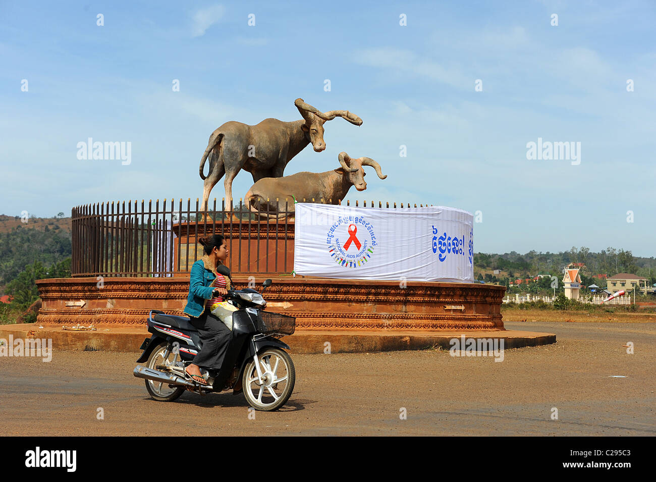 Roundabout with sculpture of 2 buffaloes at the top of the main street ...