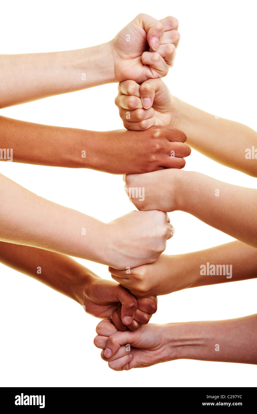 Many fists build a tower Stock Photo - Alamy