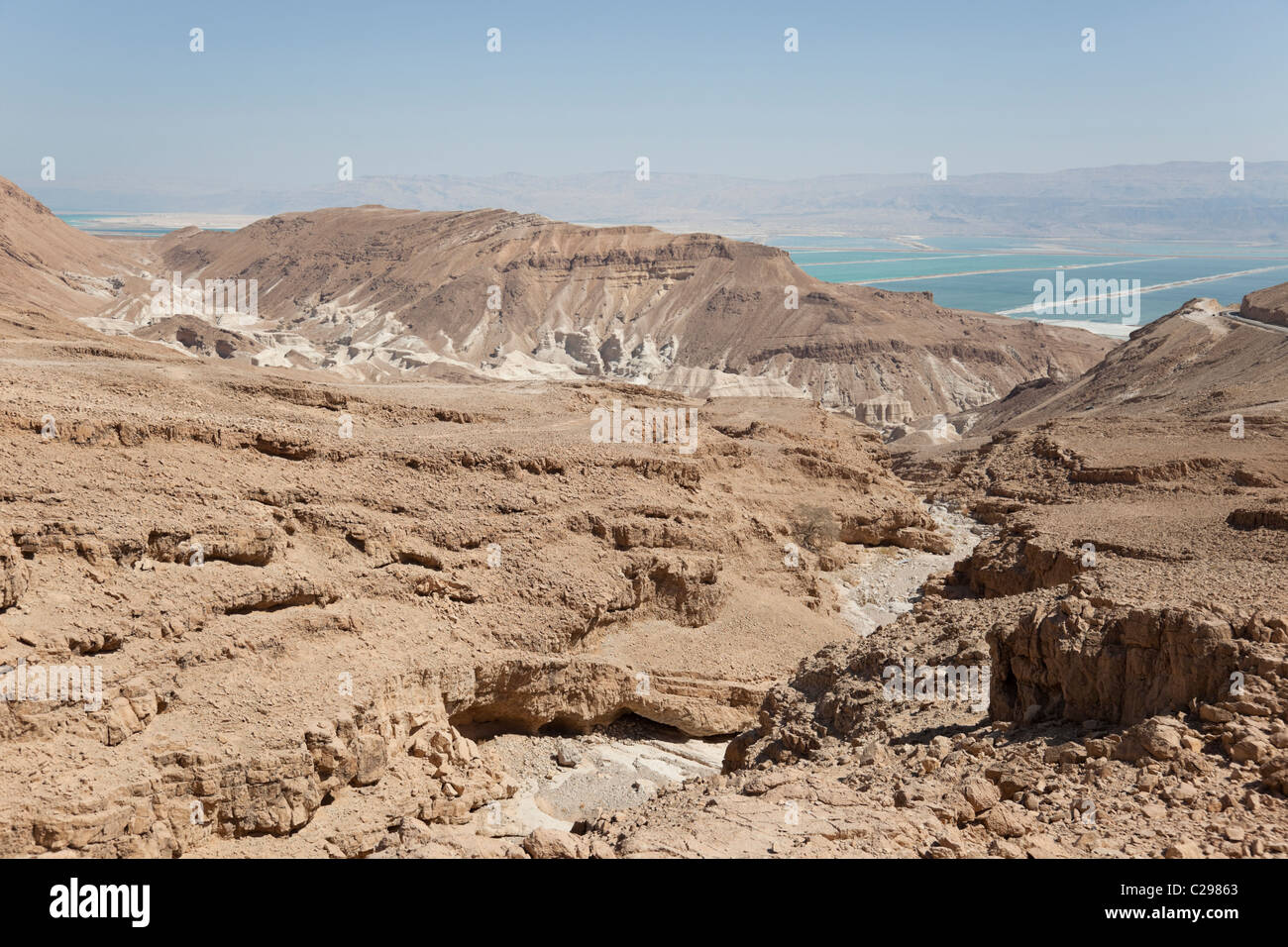 Rocky desert of Israel, closer look of the dry out waterway. The dead ...