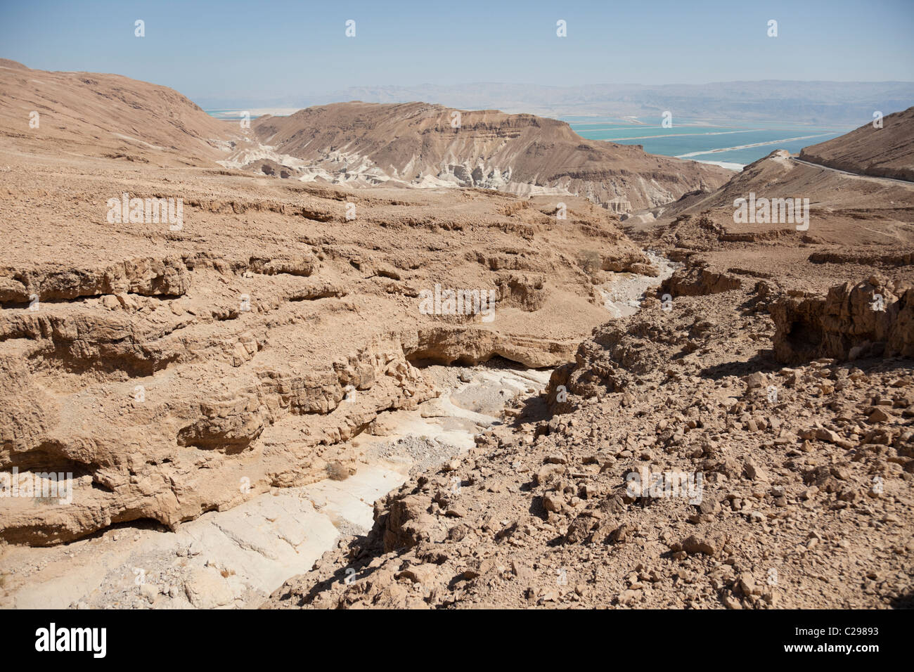 Rocky desert of Israel, closer look of the dry out waterway. The dead ...