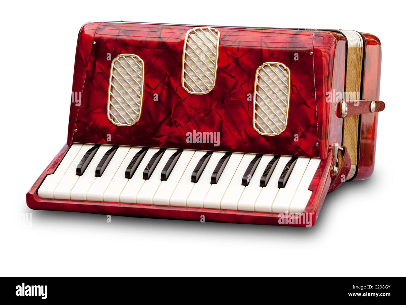 Retro small red accordion isolated on white Stock Photo - Alamy
