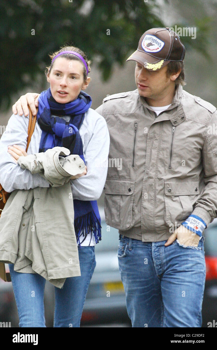 Jools Oliver and Jamie Oliver walking together through Primrose Hill ...