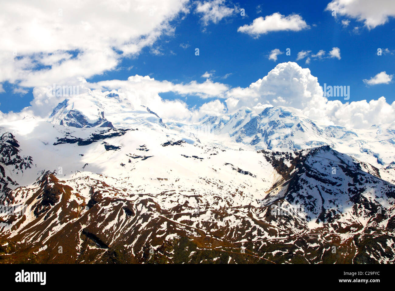 High alpine landscape with ice and snow and some bare soil on a sunny ...