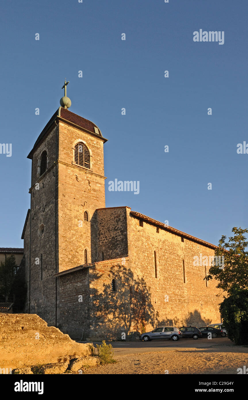 Fortress Church in medieval town of Perouges Burgundy France Stock ...