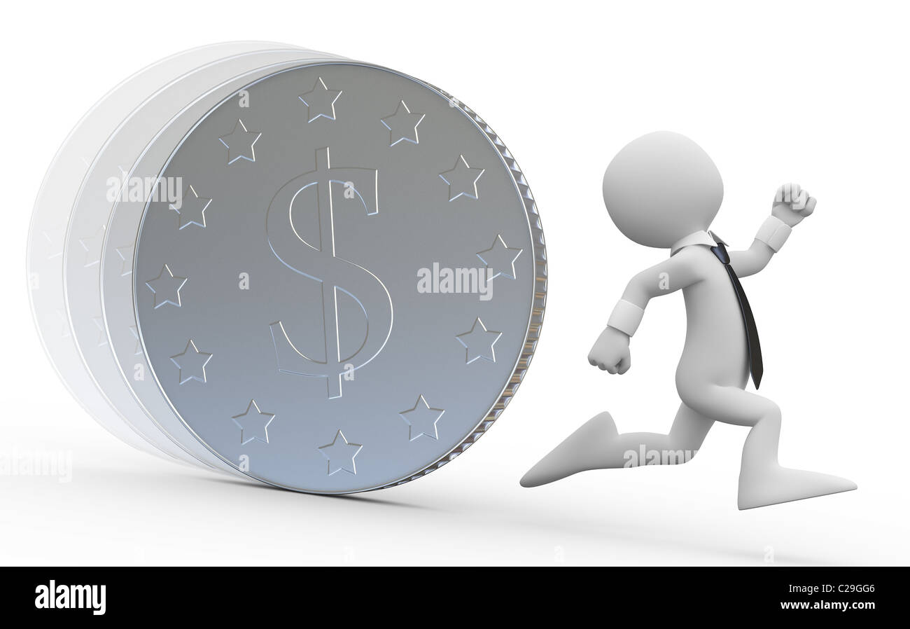 A business man running from a huge coin with the dollar symbol Stock ...