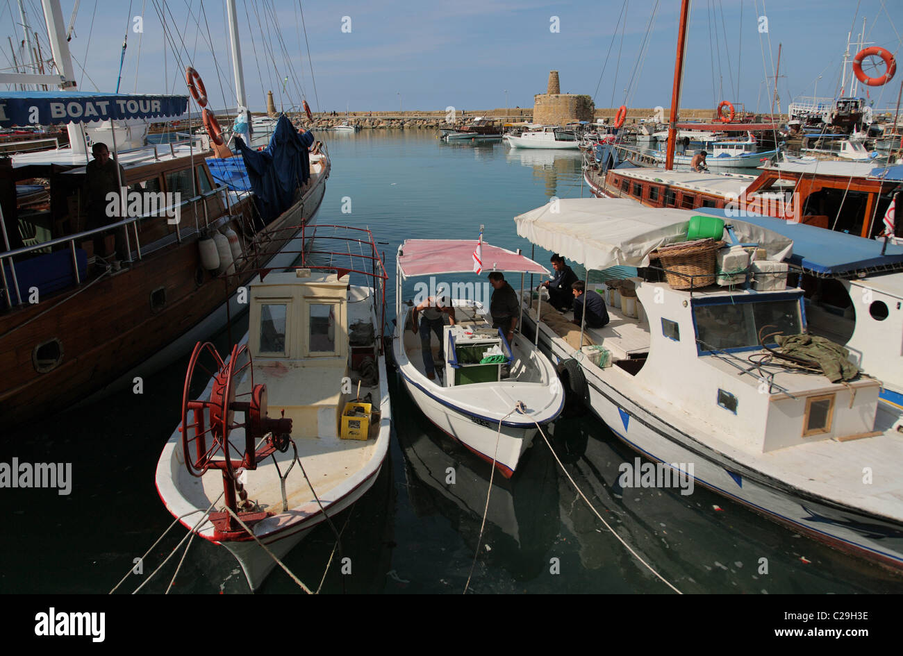 Fishing boats in harbour, Kyrenia, Turkish Republic of Northern Cyprus ...