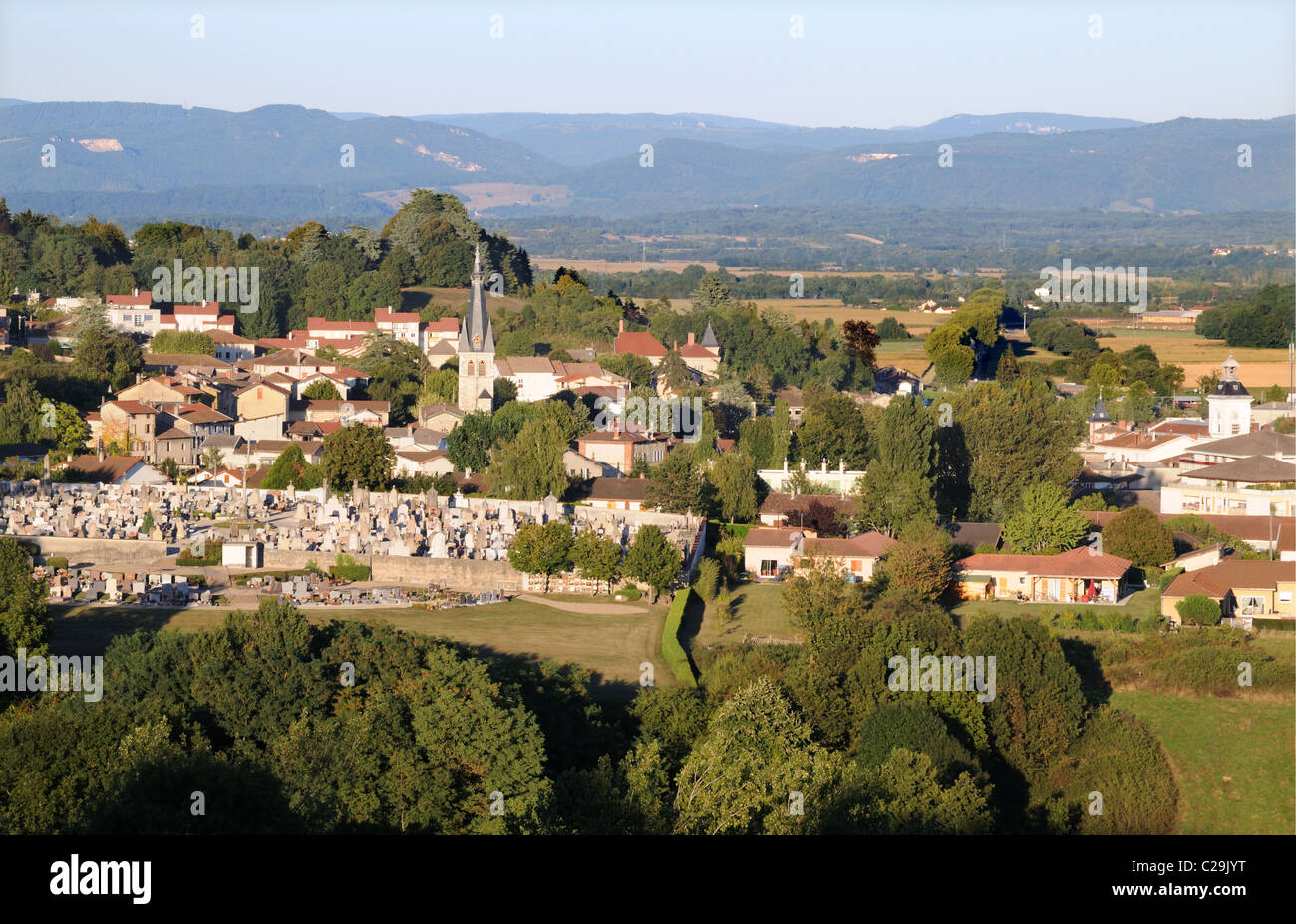 Church cemetery bungalows houses and countryside seen from ramparts of ...