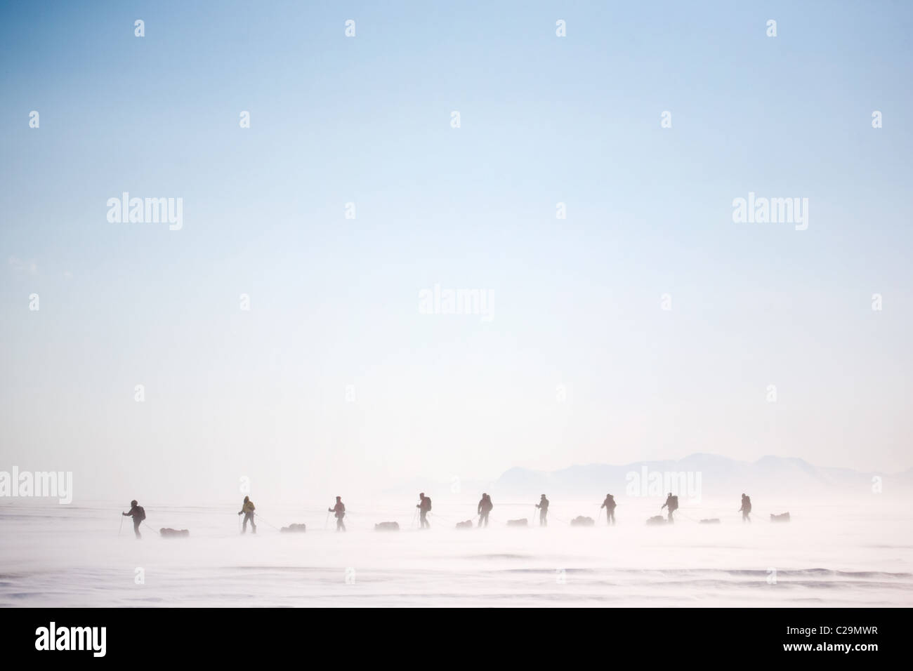 A group of people on a winter expedition in a snow storm Stock Photo ...