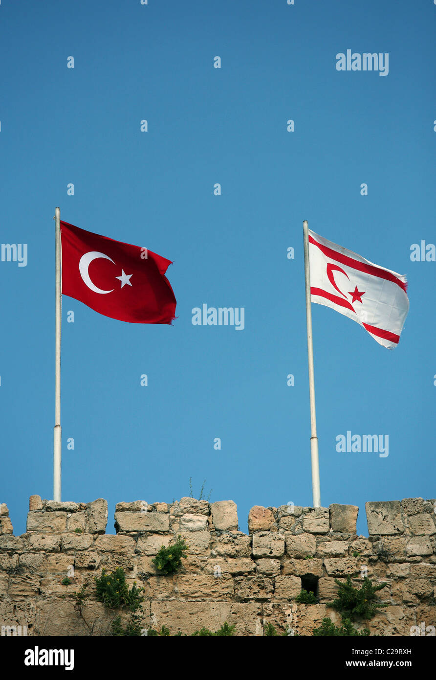 Flags of Turkey (left) and Northern Cyprus, Kyrenia, Turkish Republic ...