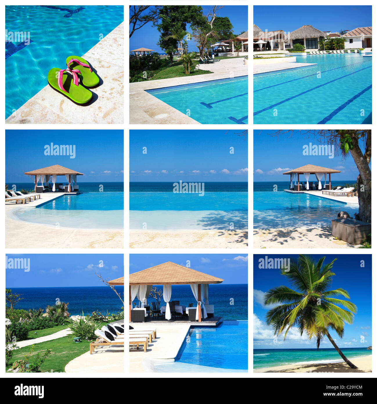 Collage with luxury swimming pool and summerhouse Stock Photo - Alamy