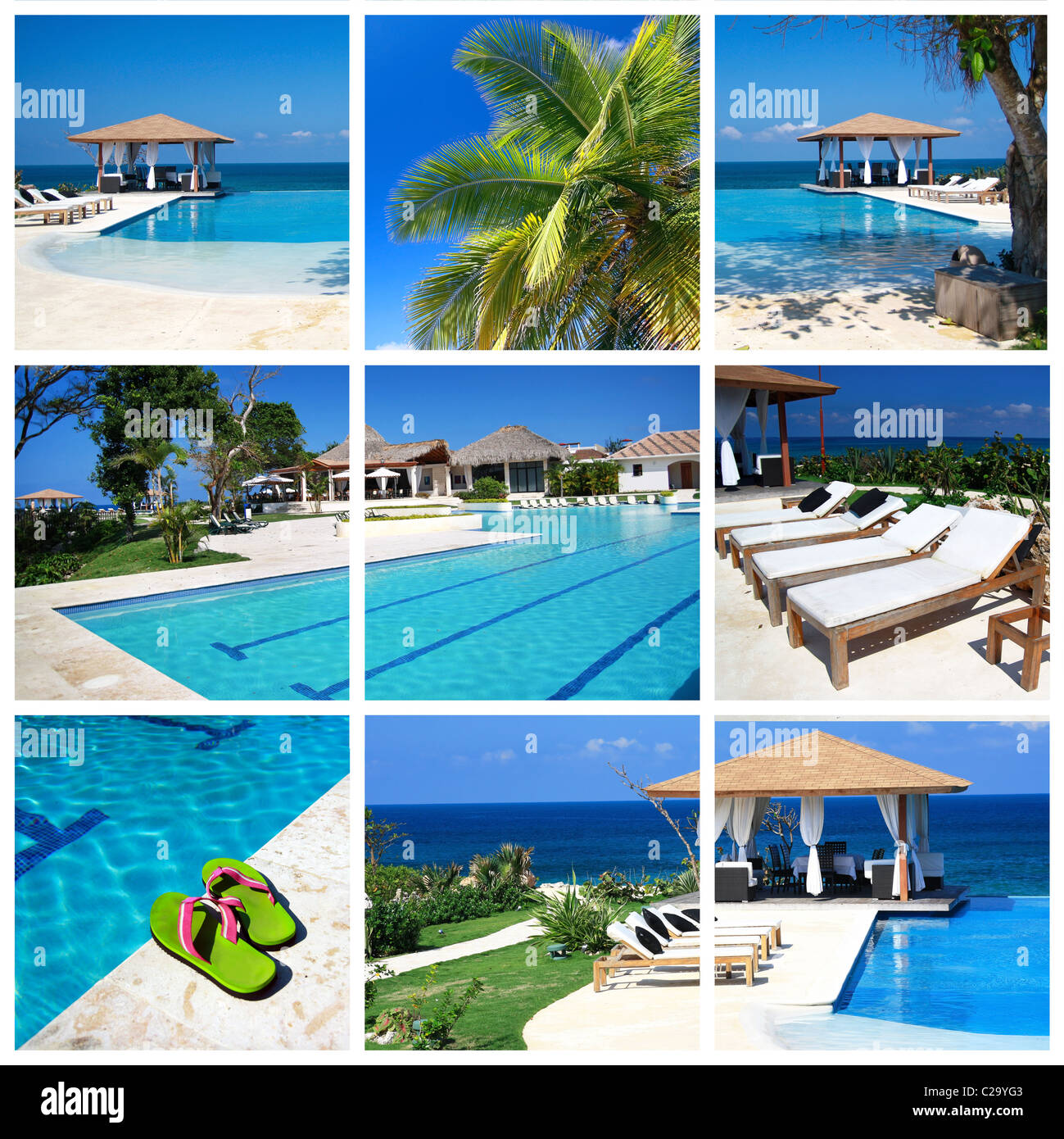 Collage with luxury swimming pool and summerhouse Stock Photo - Alamy