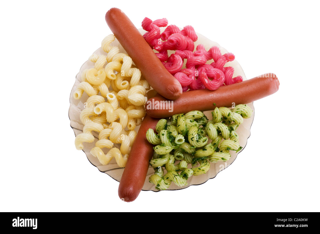 object on white - food color pasta with sausage Stock Photo - Alamy