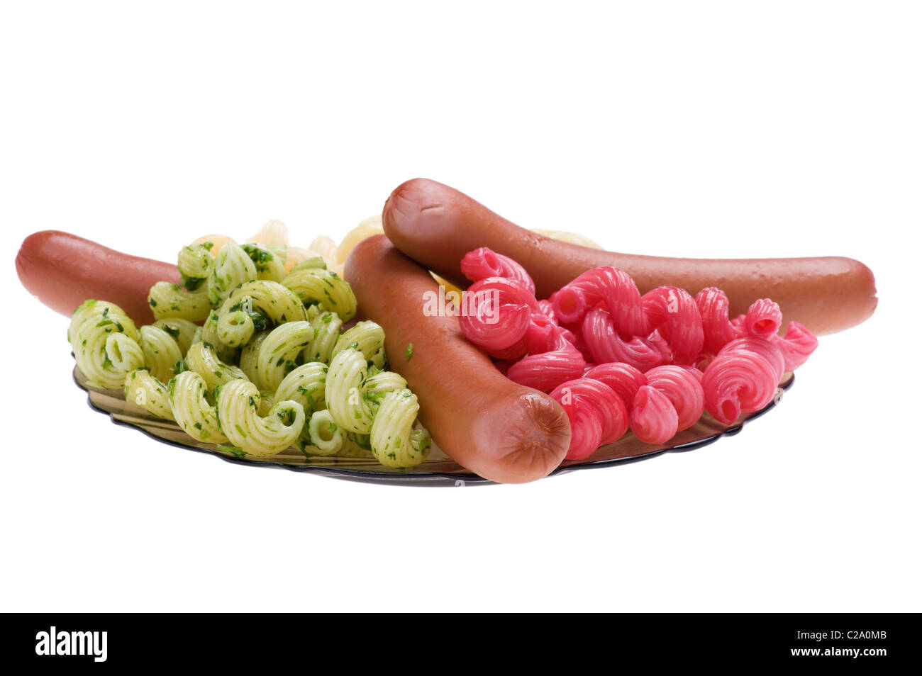 object on white - food color pasta with sausage Stock Photo - Alamy