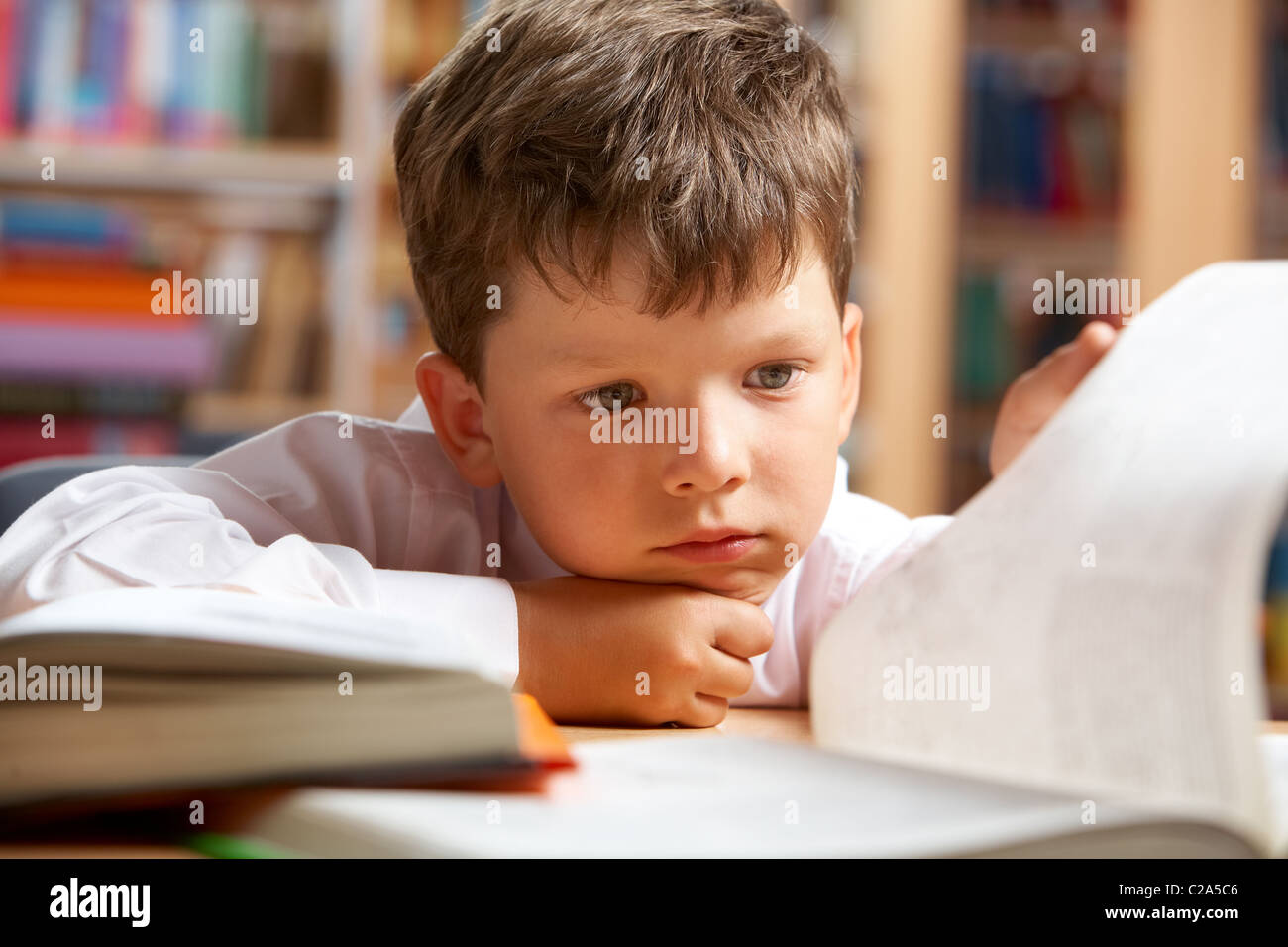 Close-up of cute boy preparing for lesson in library Stock Photo - Alamy