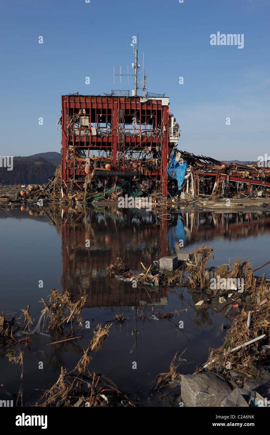 Destroyed building of the disaster control office of the town. The ...