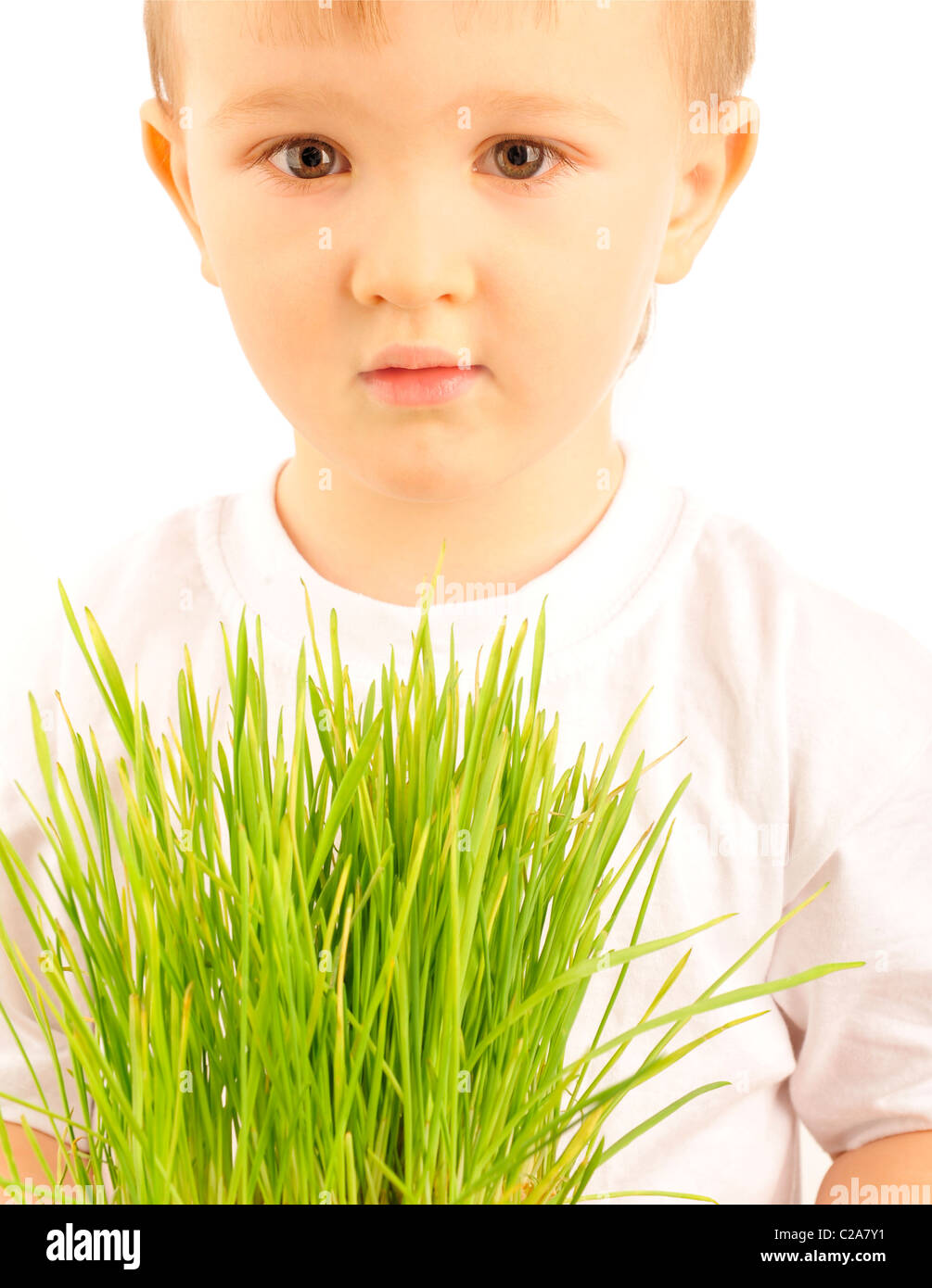 Little boy holding fresh grass Stock Photo - Alamy
