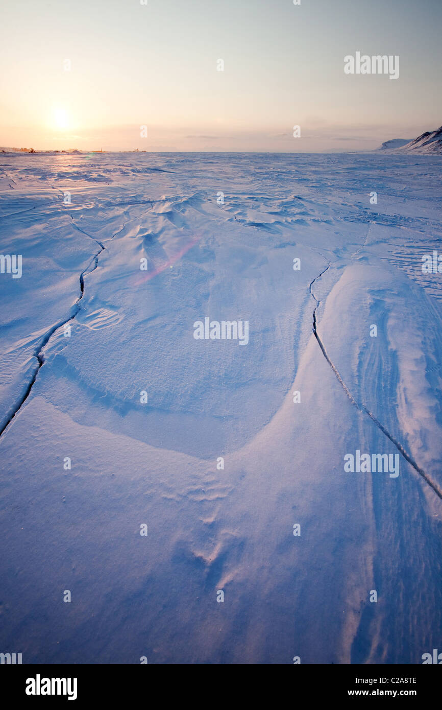 A landscape on the island of Spitsbergen, Svalbard, Norway late at ...