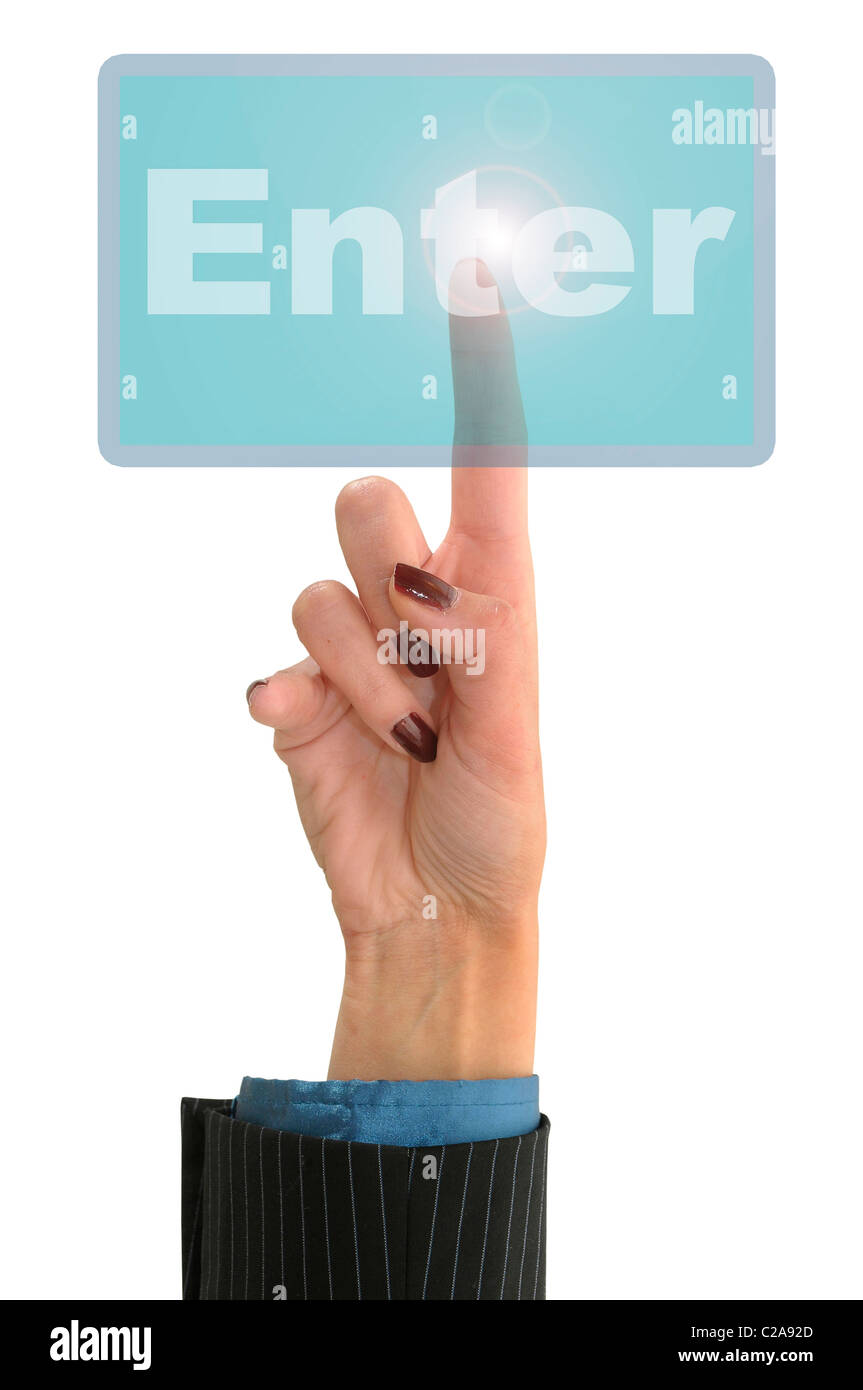 Hand pointing enter button isolated in white Stock Photo - Alamy