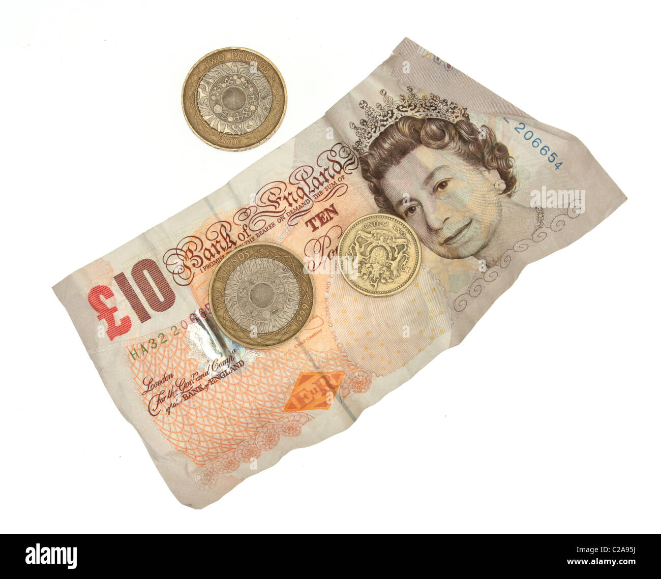 British £10 note and coins and other symbols of finance Stock Photo - Alamy