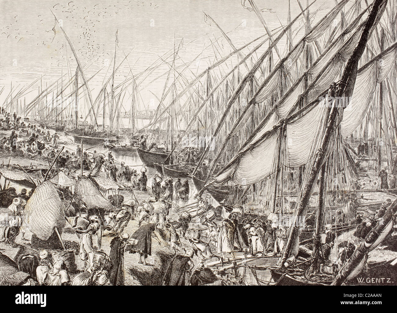 Port in the Boulaq district of Cairo, Egypt in the 19th century Stock ...