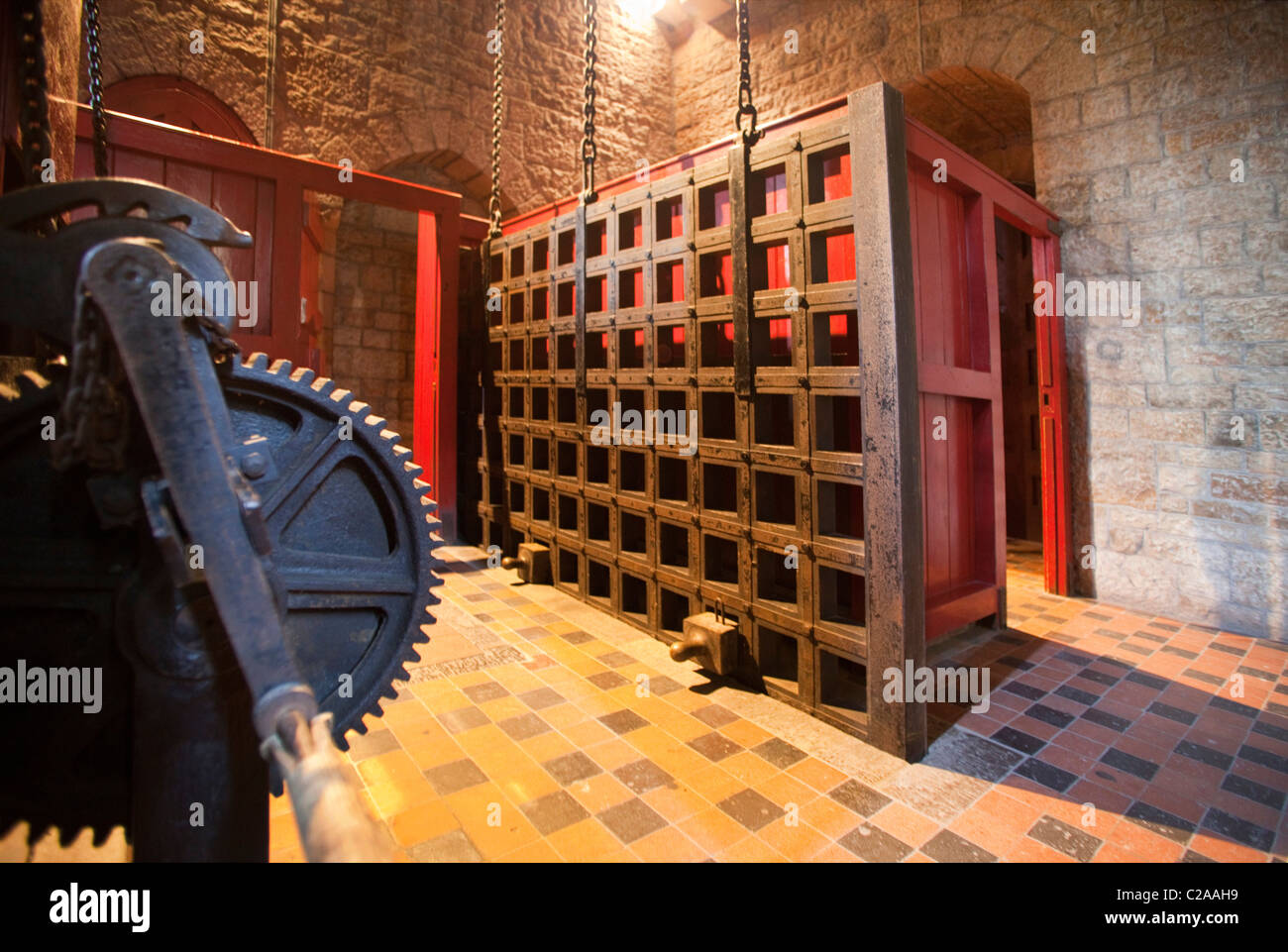 Interior view of strong portcullis door, Gate Medieval Castle, Castell ...