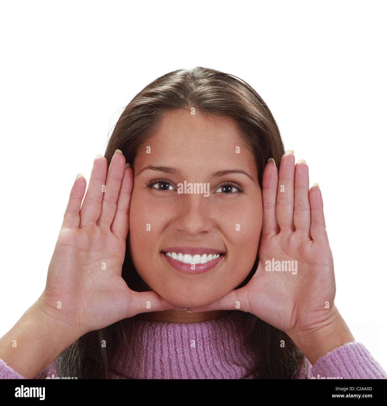 Young woman frame her face with palms Stock Photo - Alamy