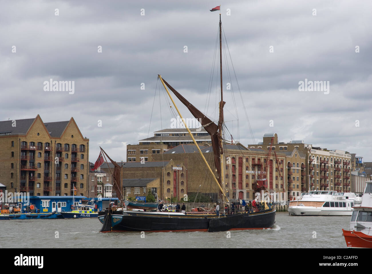 Thames sailing barge going on the River Thames at Rotherhithe London ...