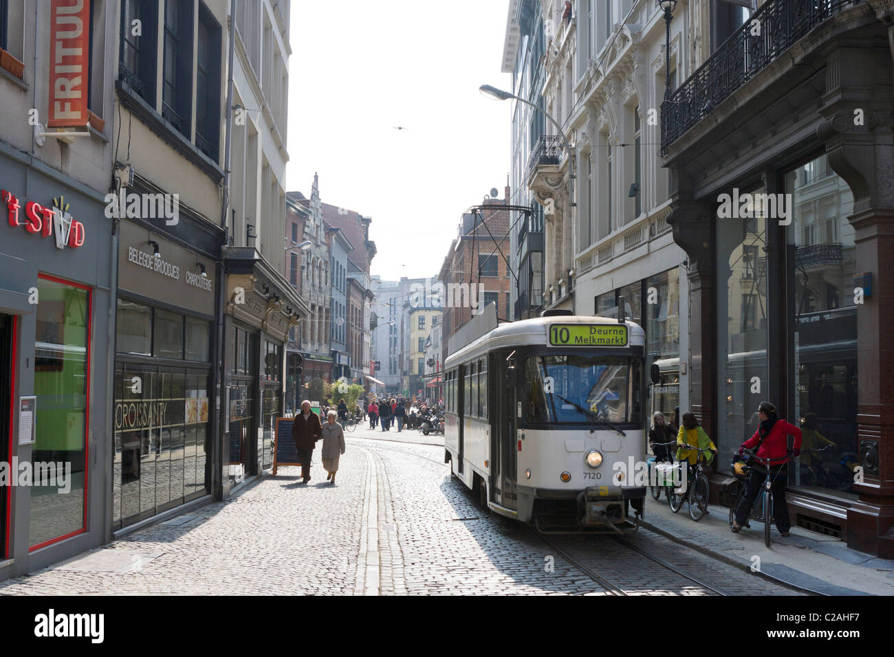 Local tram on Melkmarkt in the city centre, Antwerp, Belgium Stock ...