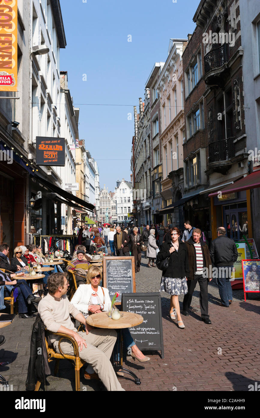 Shops and cafes on Hoogstraat in the city centre, Antwerp, Belgium ...