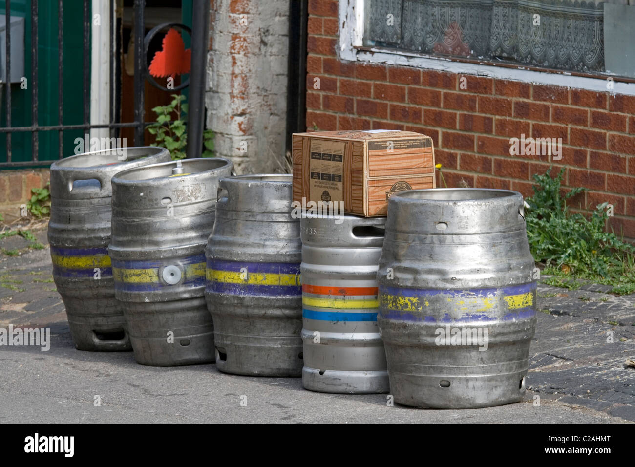 Steel beer barrels outside a pub. England UK Stock Photo - Alamy