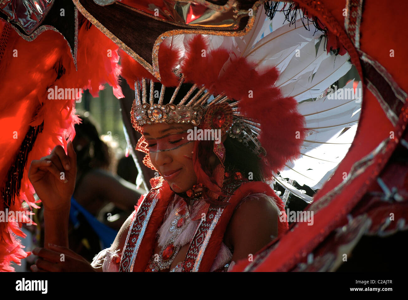 A girl dancing in a parade at Notting Hill Carnival, London, England ...