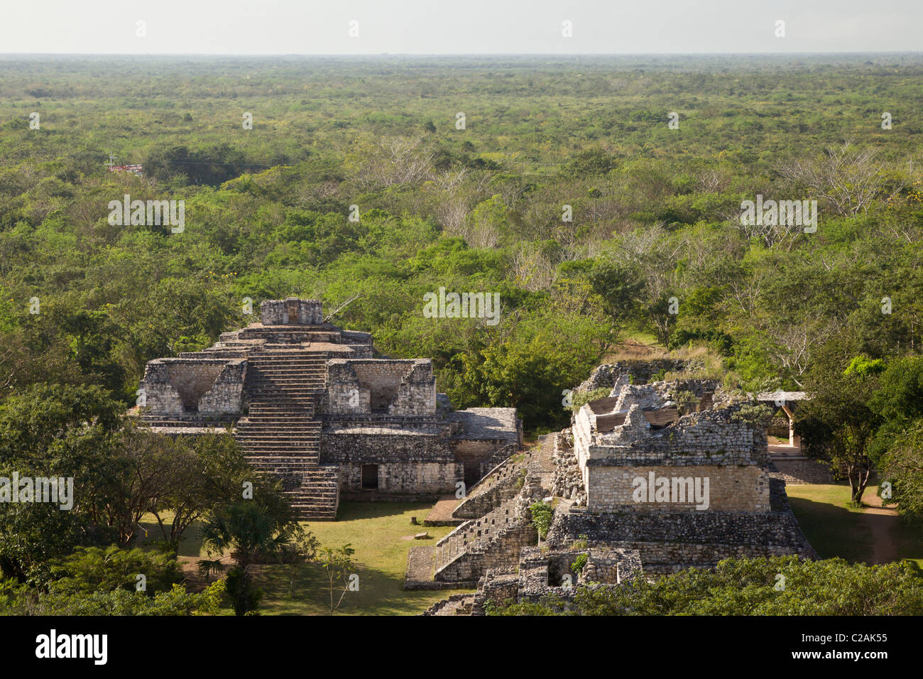 Overview of The Oval Palace and Twin Pyramids at the Maya ruins of Ek ...