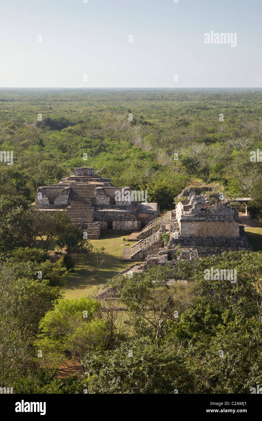 The Oval Palace and Twin Pyramids at the Maya ruins of Ek Balam from ...