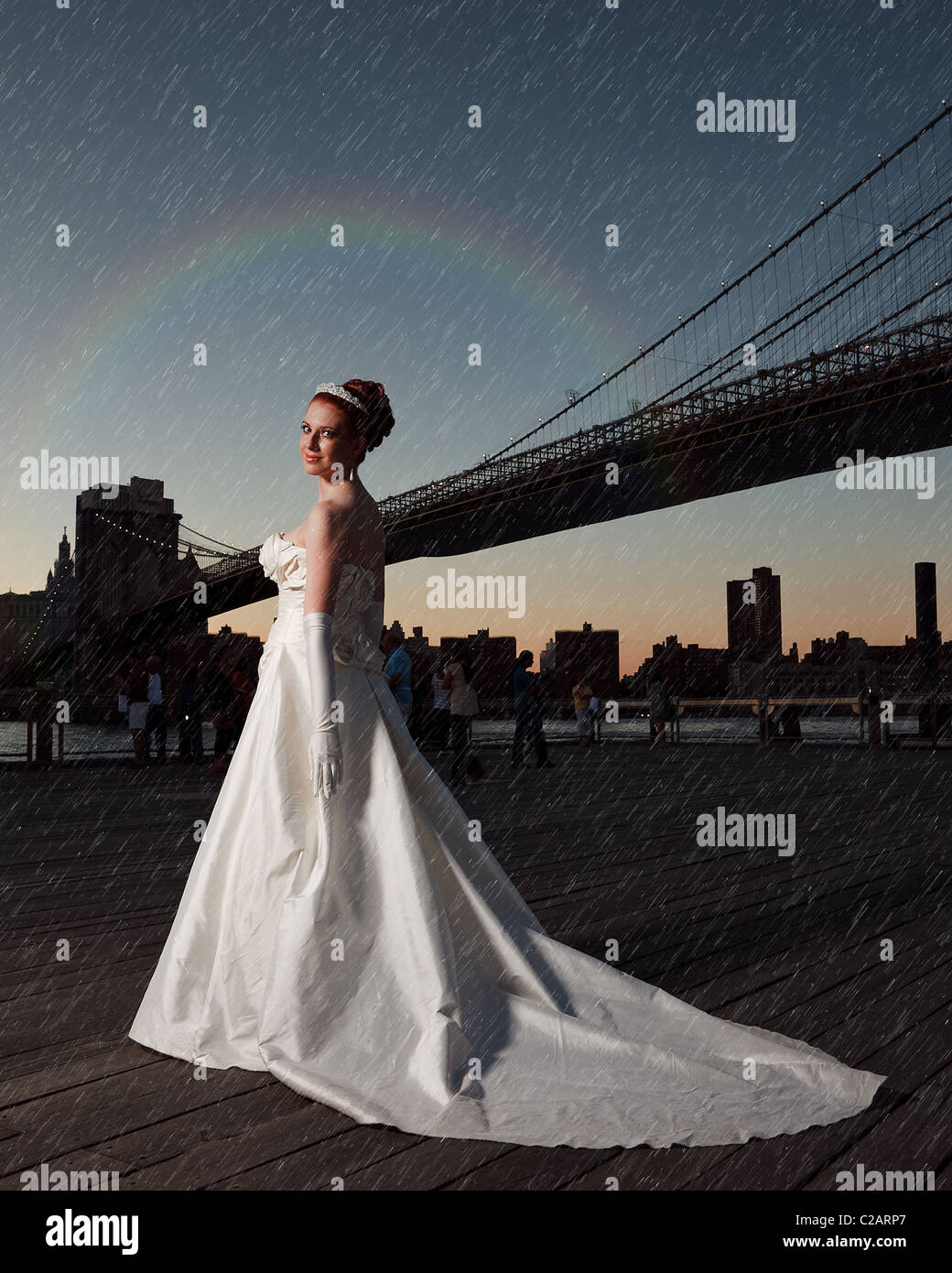 Real bride at her the wedding day near the Brooklyn Bridge. New York ...