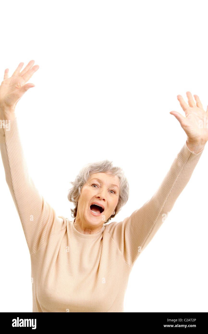 Portrait of mature woman with her arms raised Stock Photo - Alamy