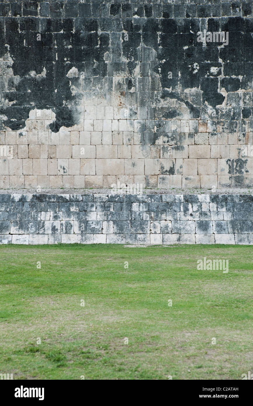Mexico, Yucatan State, Chichen Itza, ancient brick wall of Mayan ruins ...