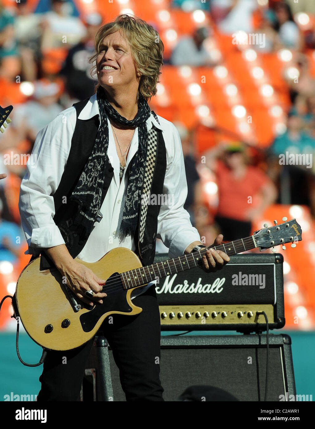 Brian Ray perform a tribute to Les Paul during half time at the Miami ...