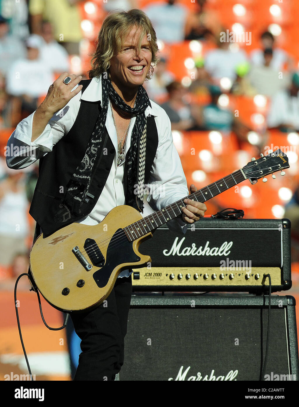 Brian Ray perform a tribute to Les Paul during half time at the Miami ...