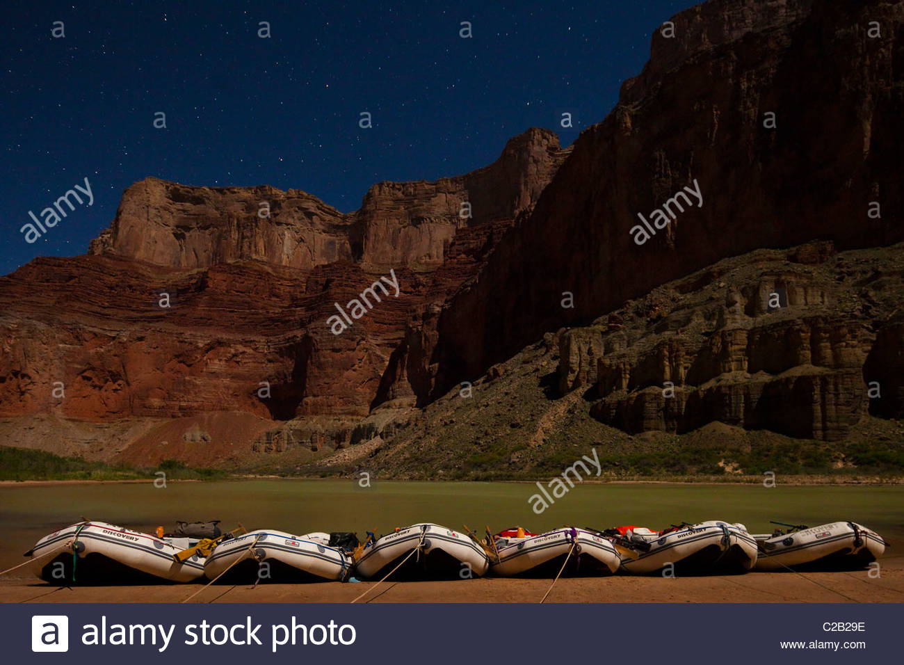 Rafts on the banks of the Colorado River and stary night sky Stock ...