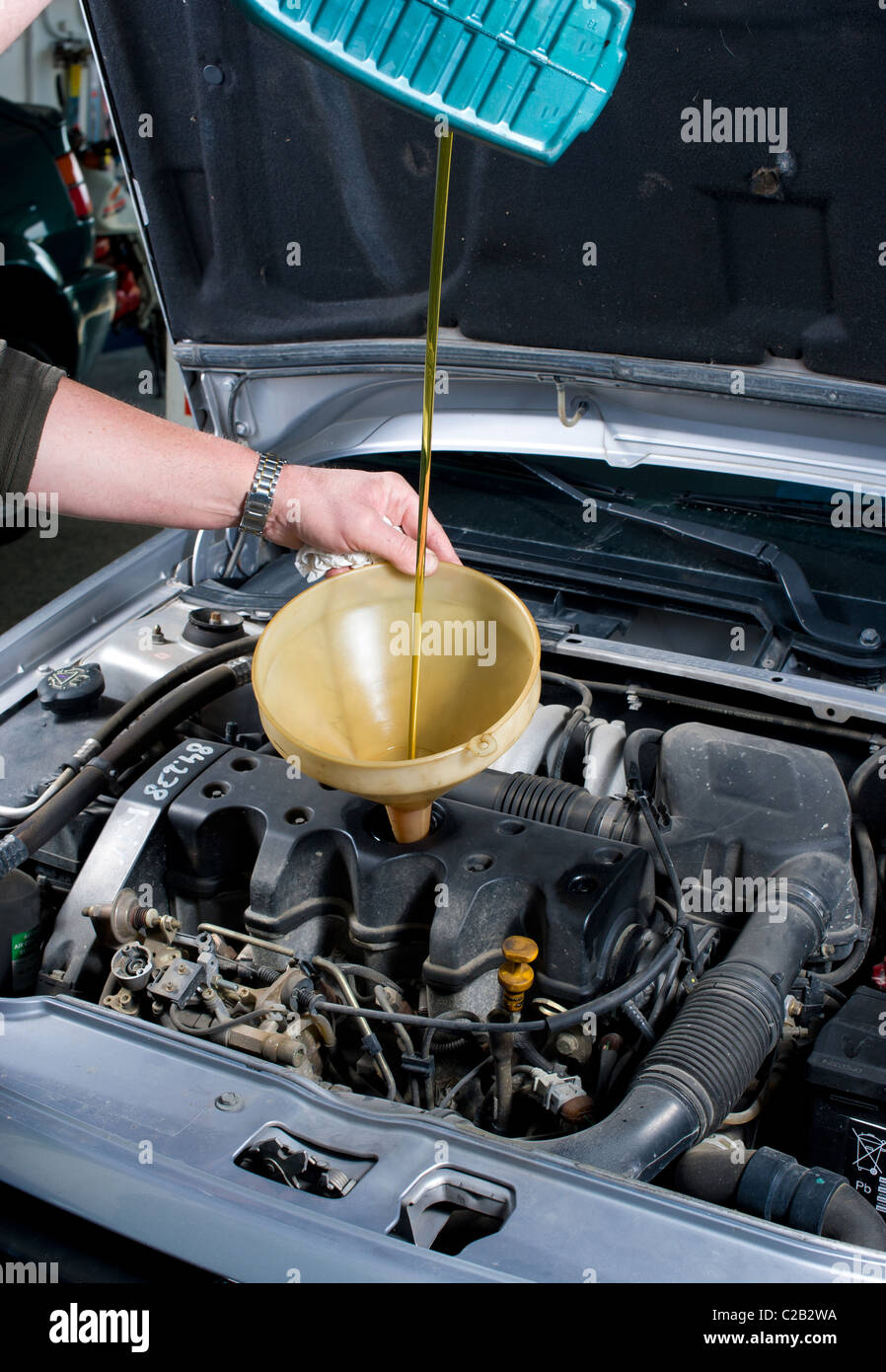 Car mechanic filling fresh oil into an engine Stock Photo - Alamy