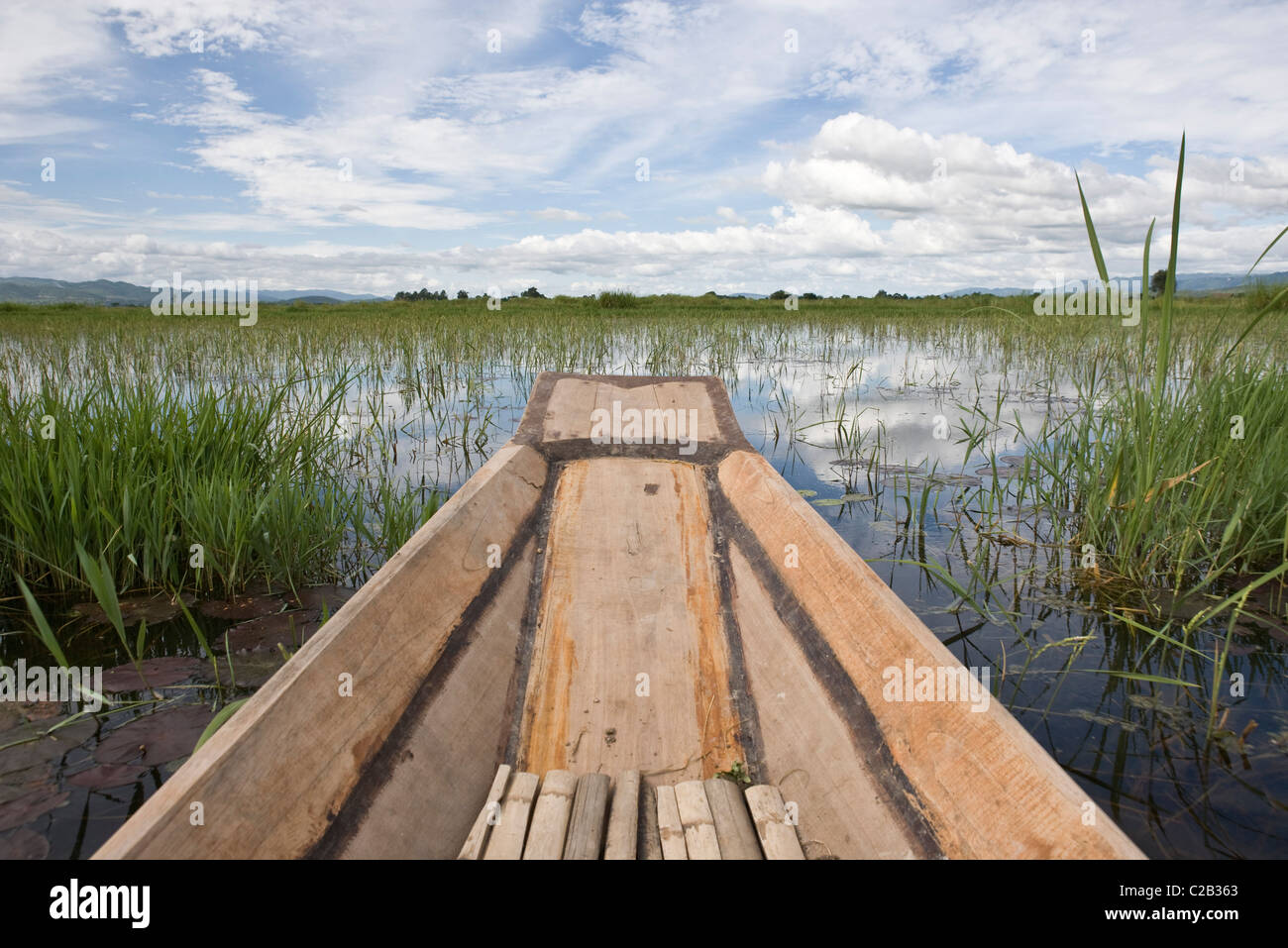 Inle Lake, Myanmar, boat traveling in lake, personal perspective Stock ...