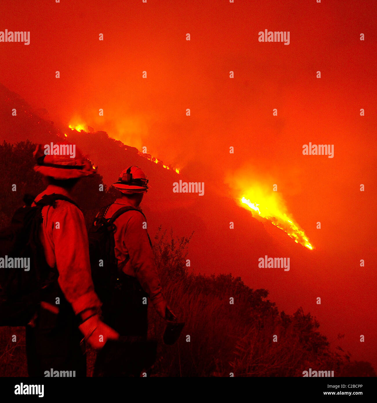 A fire fighter tries to control the fire at the burning woods in the ...