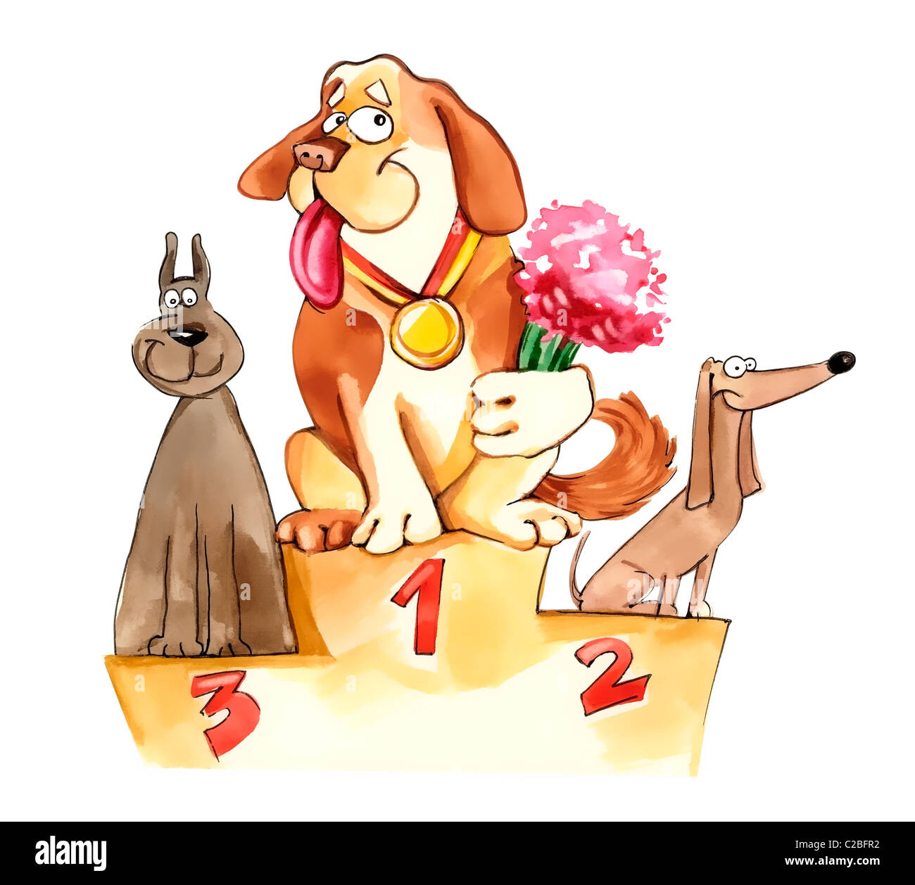 humorous illustration of dogs on exhibition podium Stock Photo - Alamy