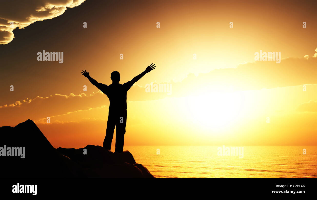 men greeting sun. Stands on hill, ocean and yellow sunset Stock Photo ...