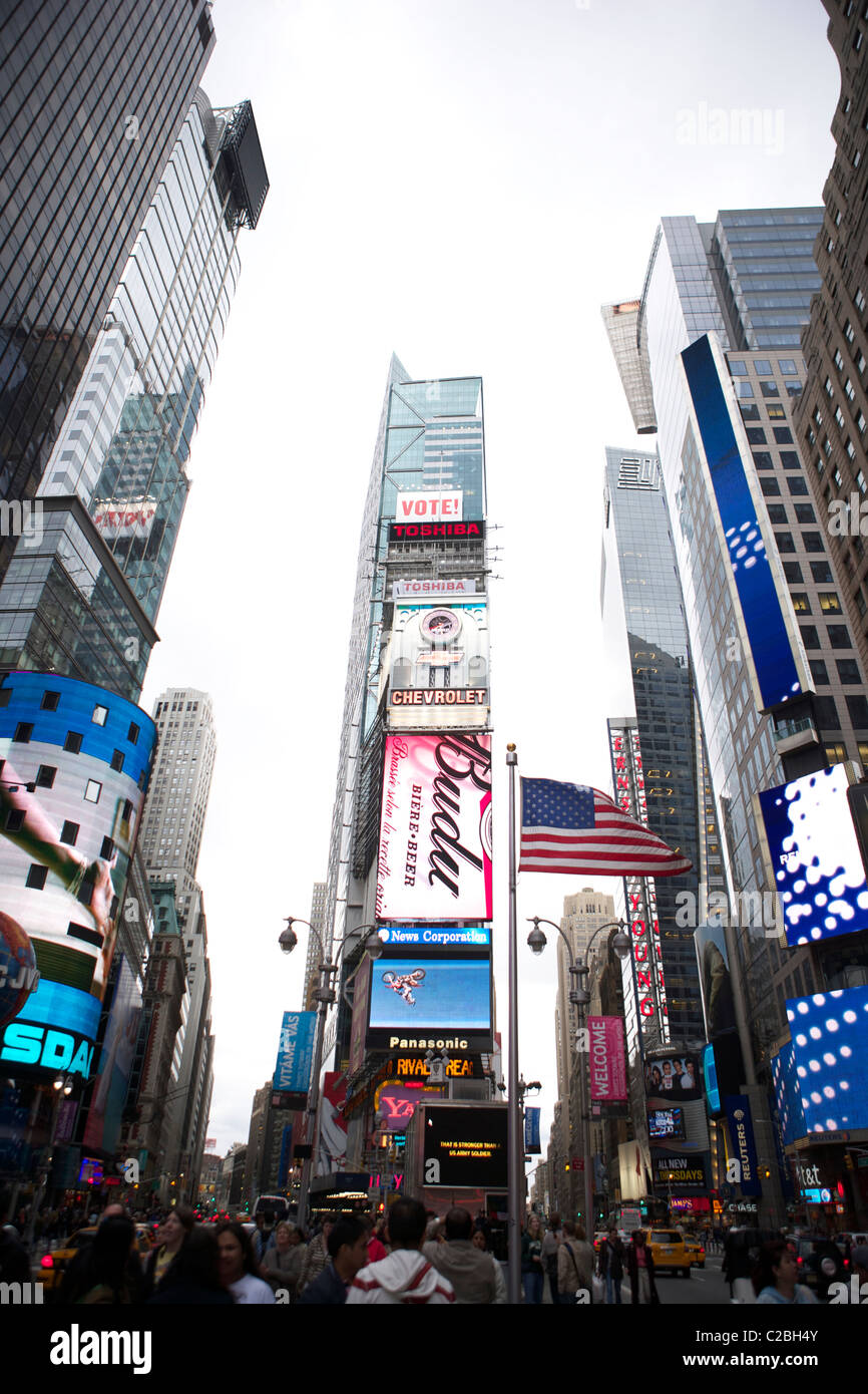 Traffic in Times Square, New York, Manhattan with LED signs and neon ...