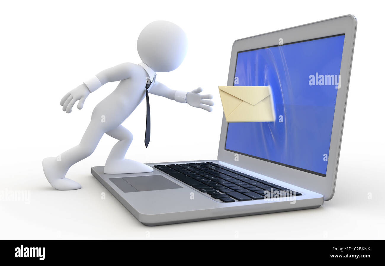 Man sending a message through the screen of a laptop Stock Photo - Alamy