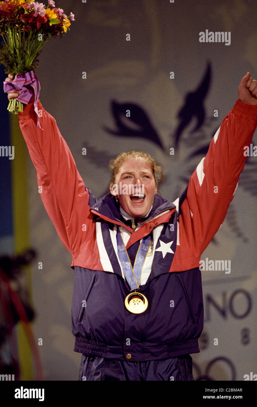 Picabo Street (USA) with her gold medalist in the Super G at the 1998 ...