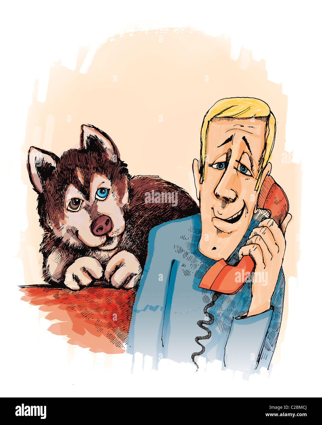 illustration of man calling and husky dog Stock Photo - Alamy