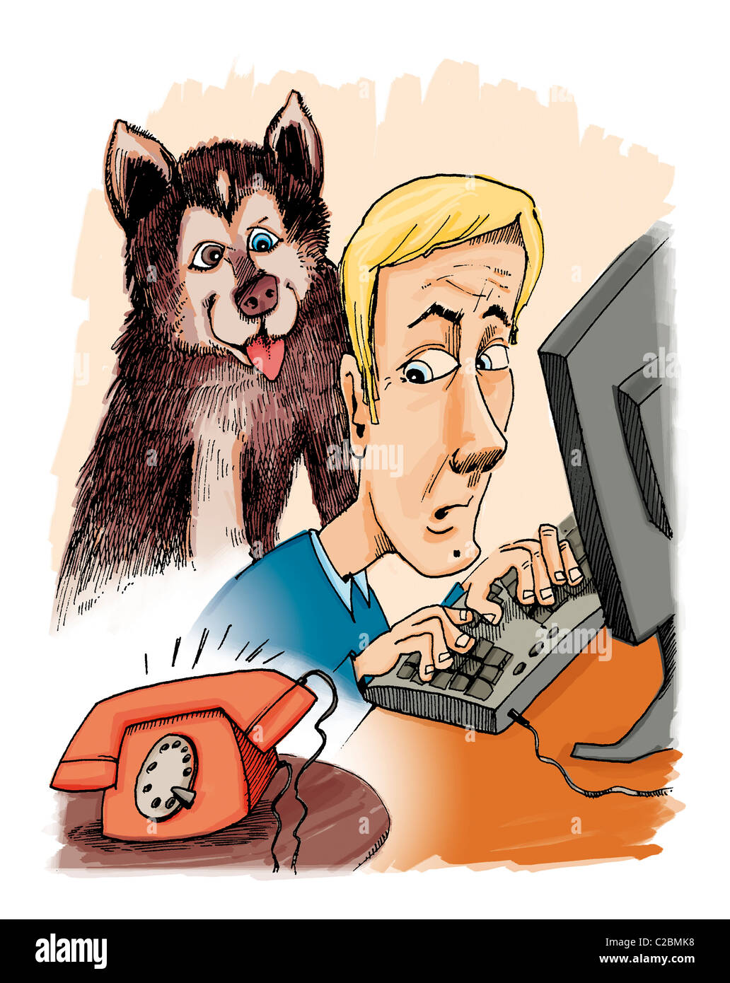 illustration of husky dog his owner and phone calling Stock Photo - Alamy
