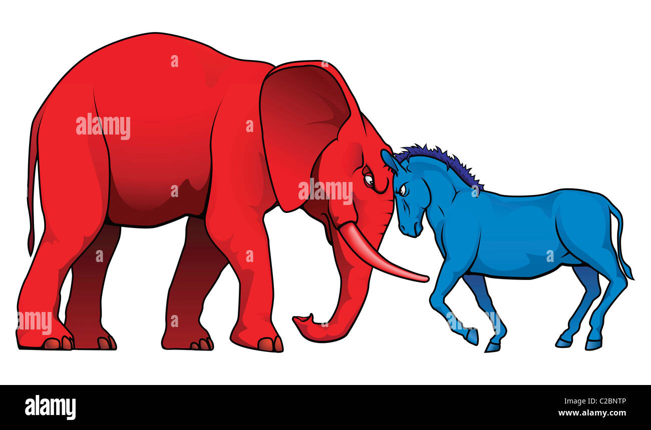 The democrat and republican symbols of a donkey and elephant facing off ...